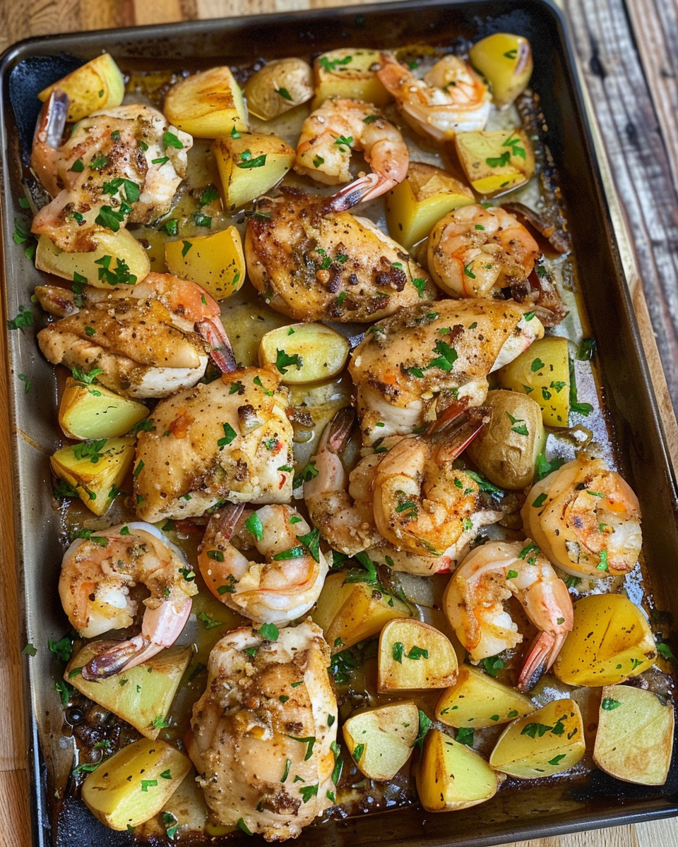 sheet pan chicken and potatoes with Shrimp and Garlic Butter - Recips ...