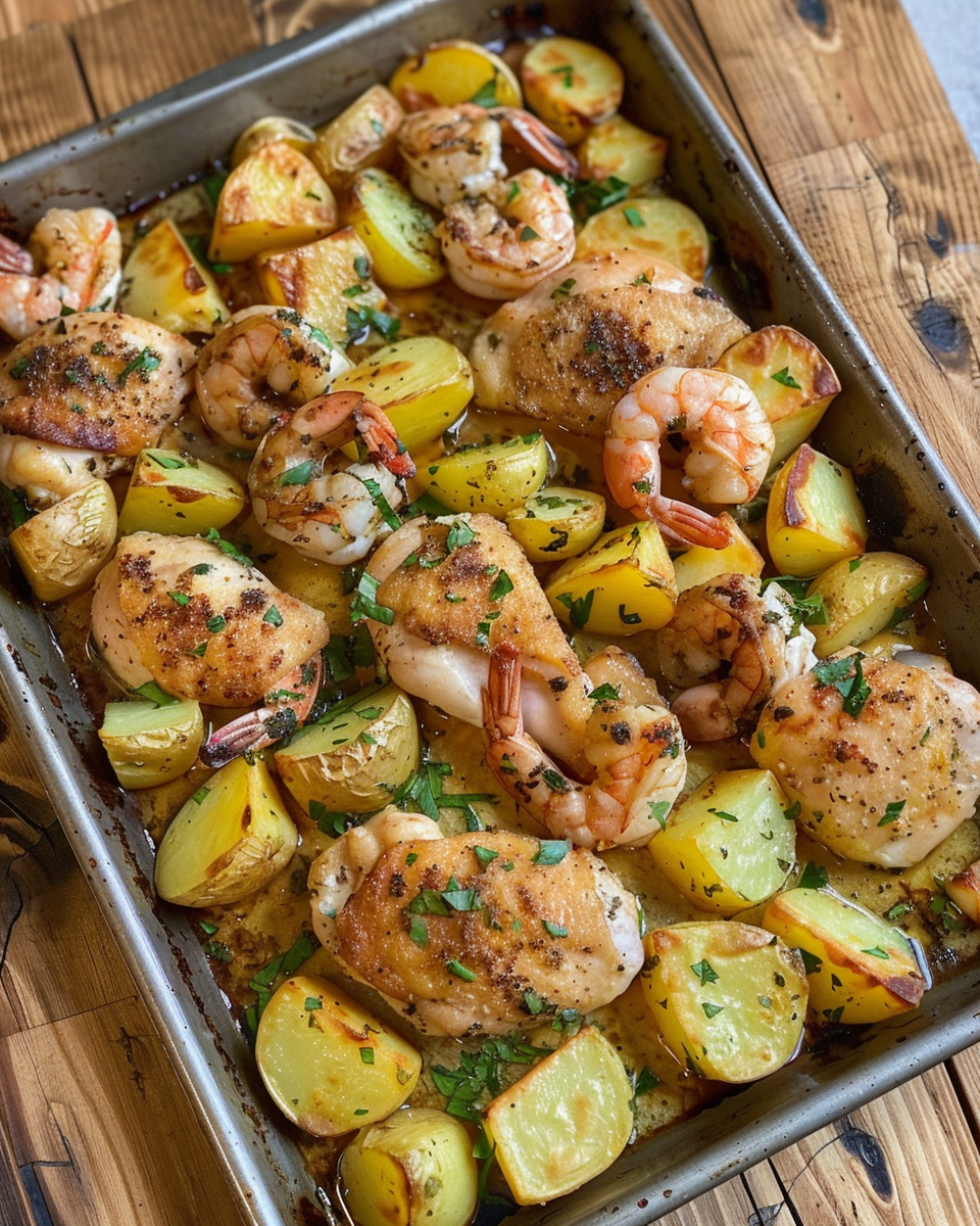 sheet pan chicken and potatoes with Shrimp and Garlic Butter - Recips ...