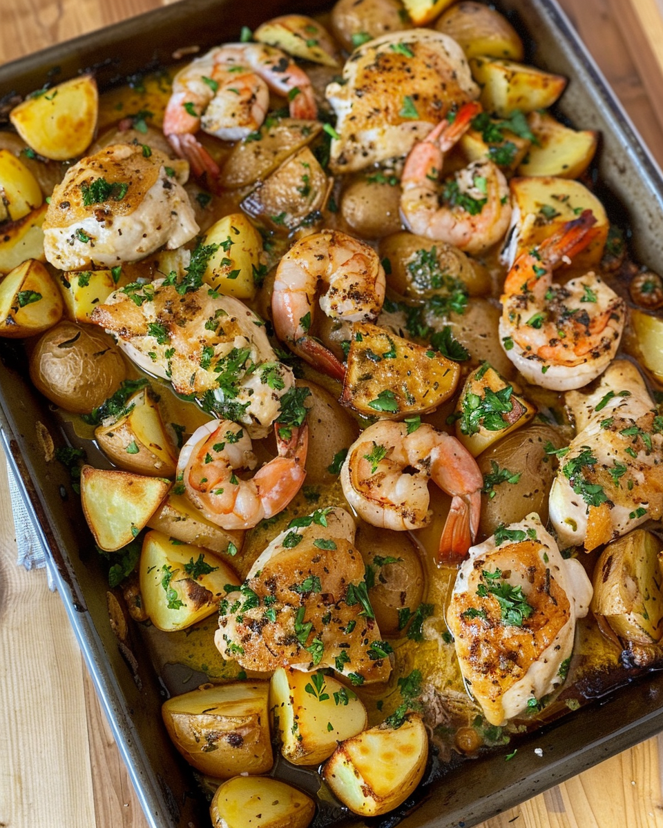 sheet pan chicken and potatoes with Shrimp and Garlic Butter - Recips ...