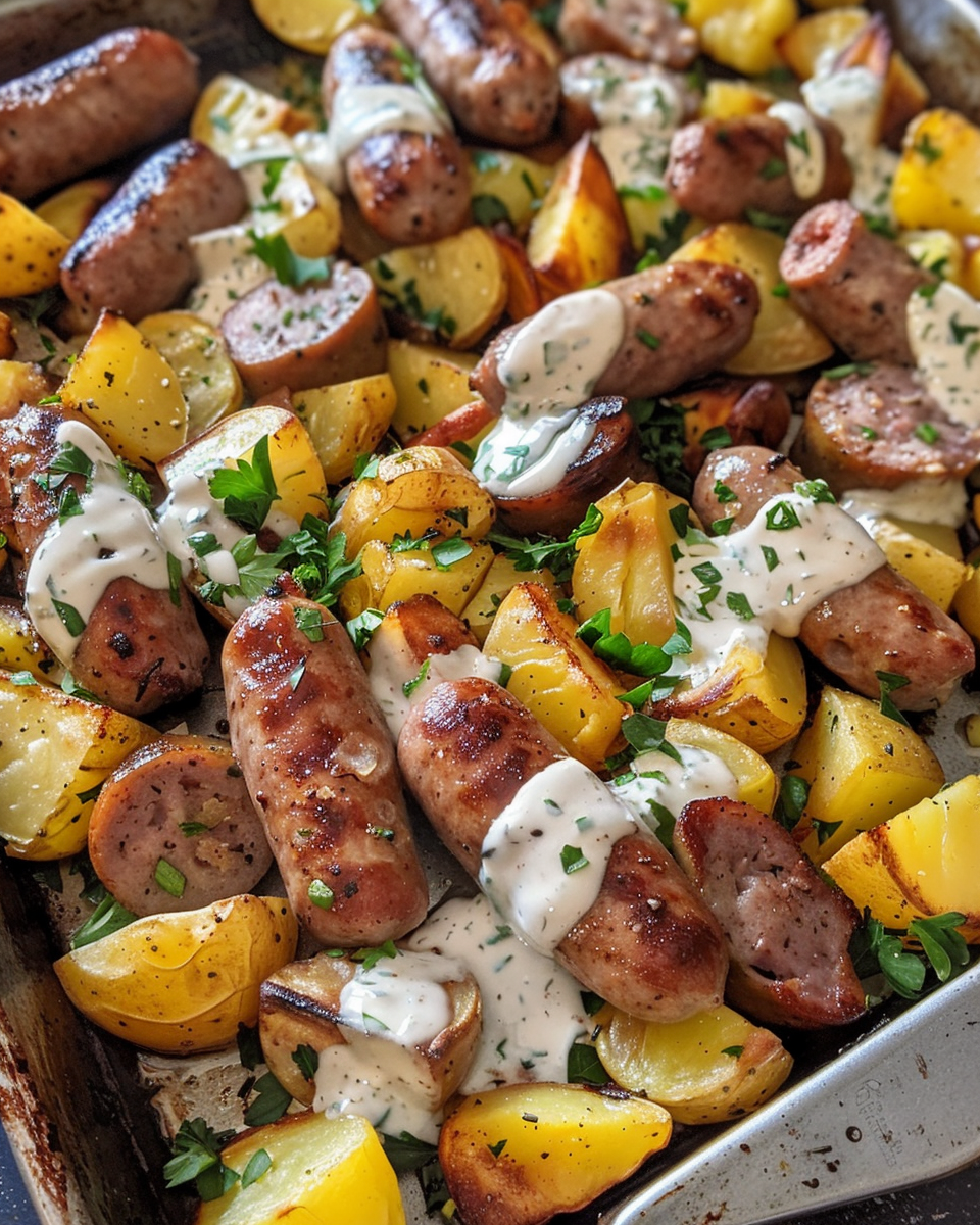 sheet pan sausage and potatoes with Greek Yogurt Sauce - Recips by lily