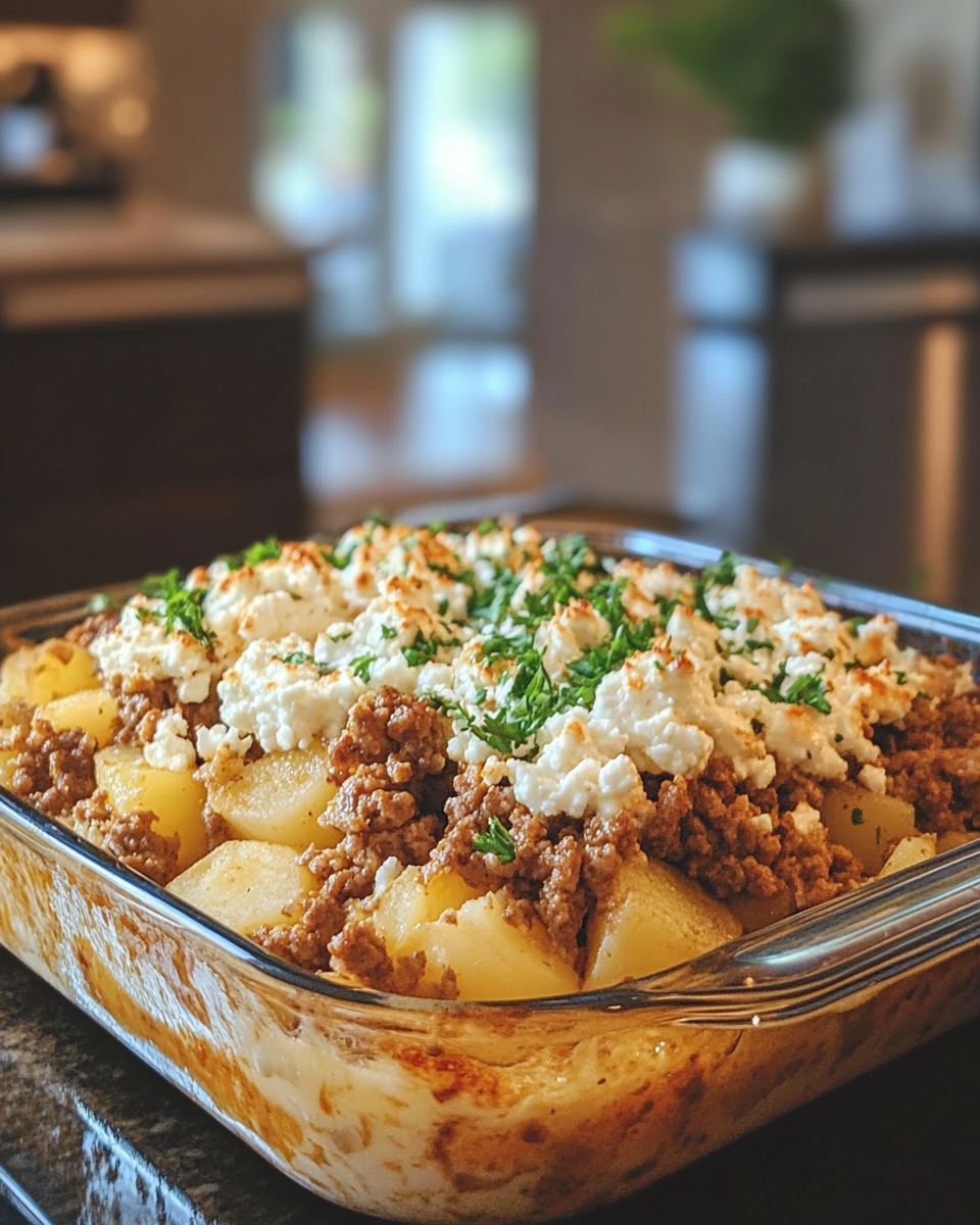 ground beef and potato casserole with Feta Cheese Crumble - Recips by lily