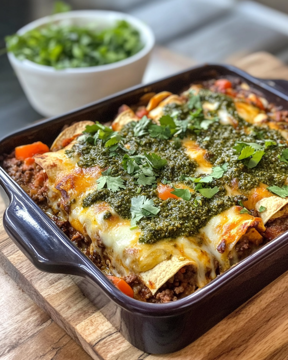ground beef enchilada casserole with Pesto Drizzle - Recips by lily