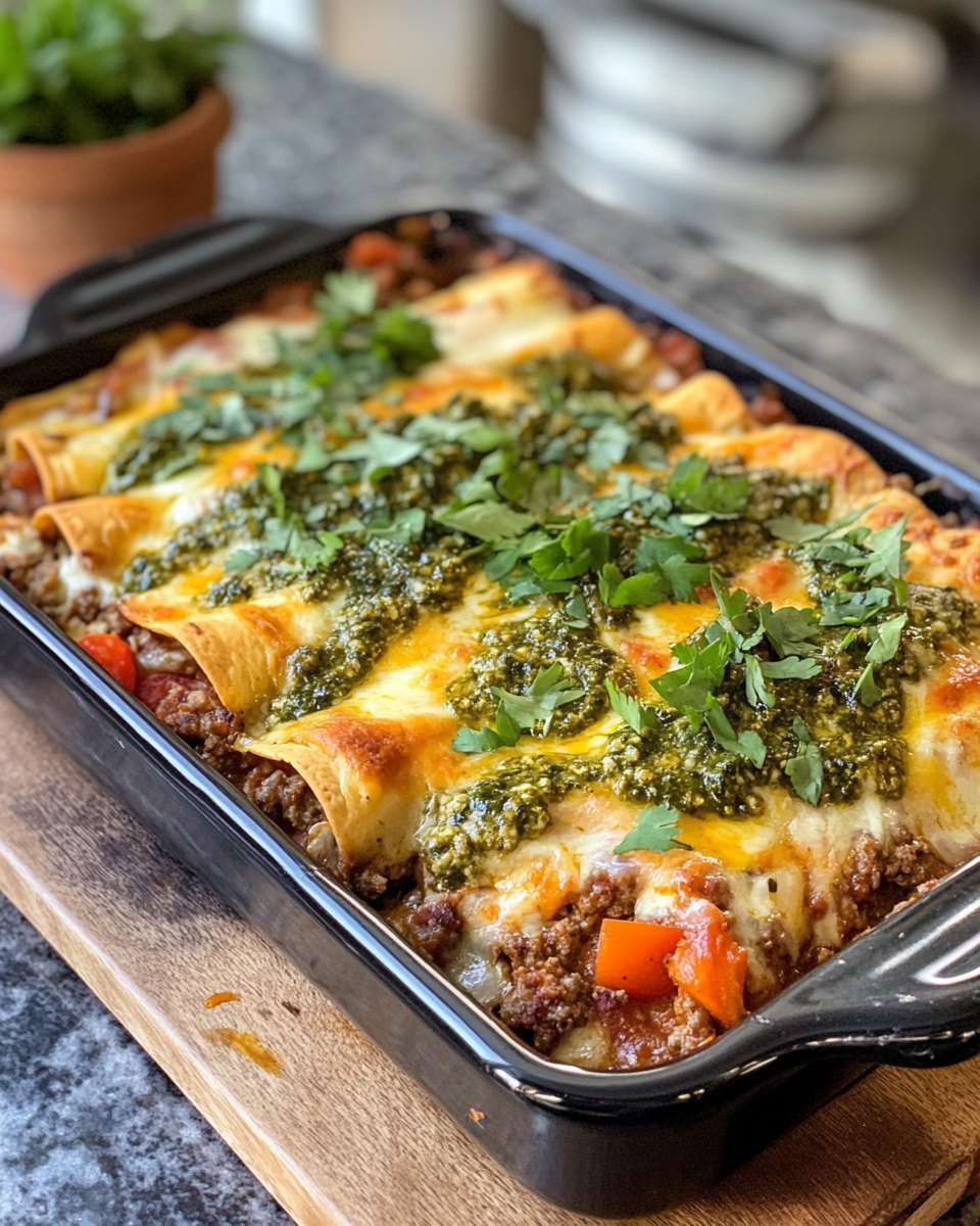 ground beef enchilada casserole with Pesto Drizzle - Recips by lily