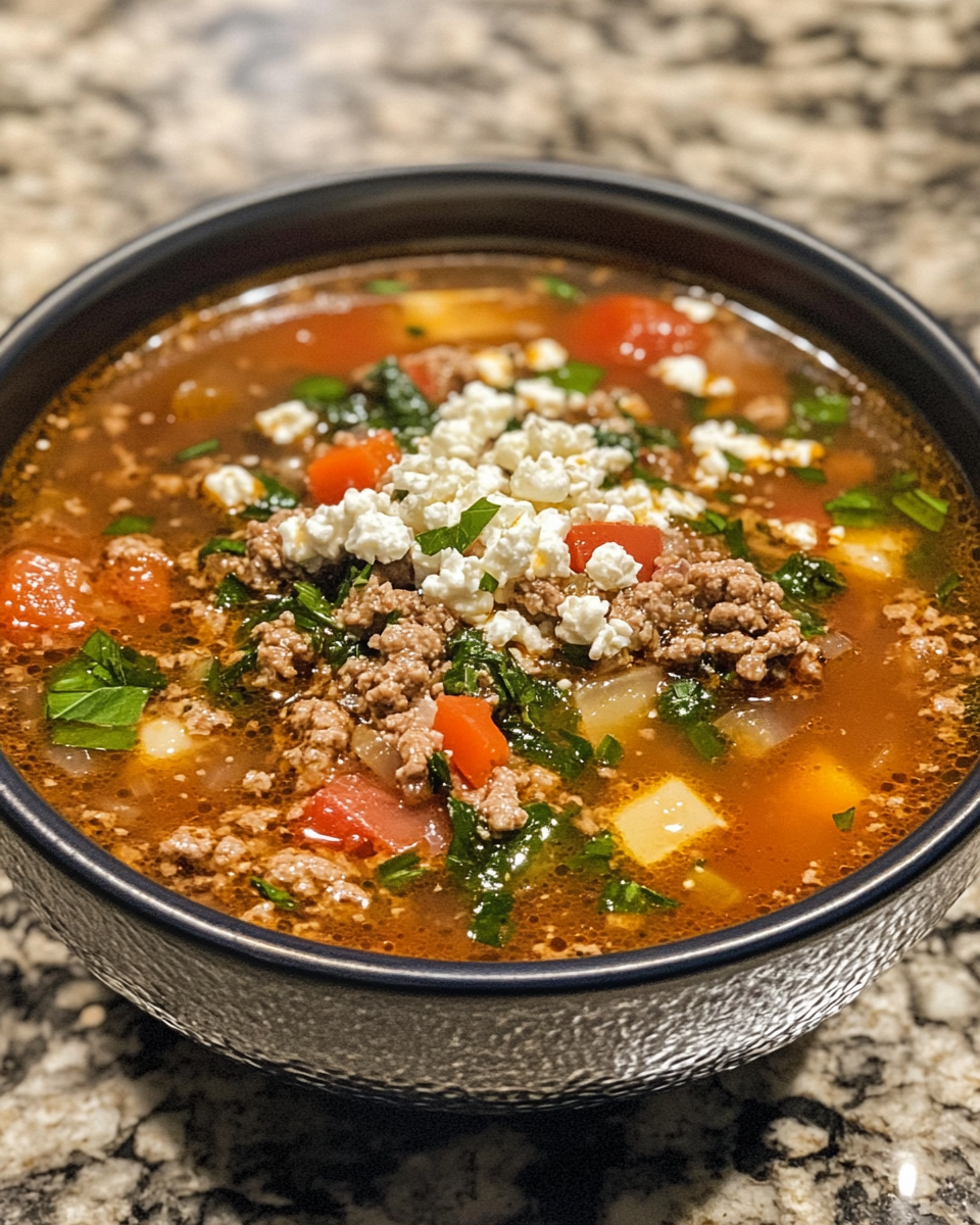 ground beef vegetable soup with Feta Cheese Crumble - Recips by lily