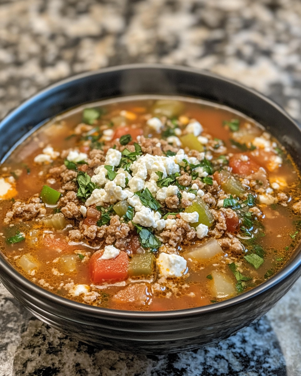ground beef vegetable soup with Feta Cheese Crumble - Recips by lily