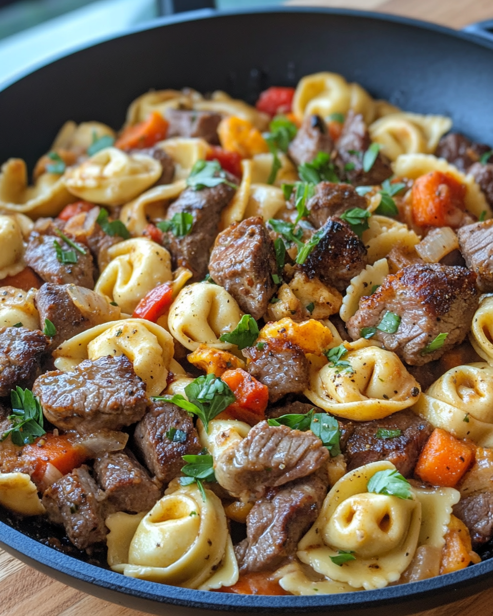 The Best Garlic Steak & Cheese Tortellini Skillet - Recips by lily